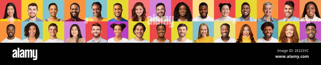 Happy People Faces Portraits In Collage On Different Colored ...