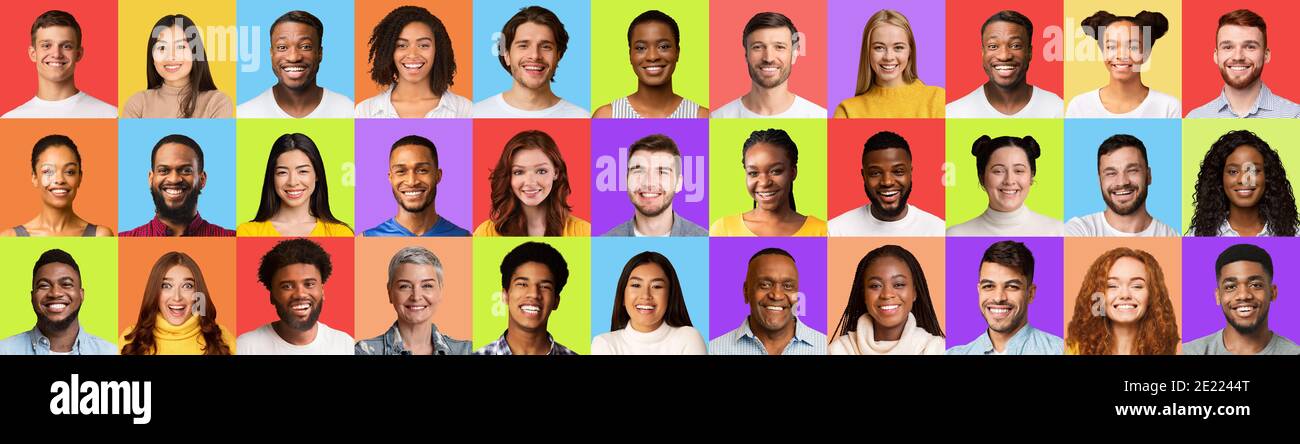 Diverse Males And Females Smiling Faces Over Colorful Backgrounds ... Diverse Males And Females Smiling Faces Over Colorful Backgrounds ...
