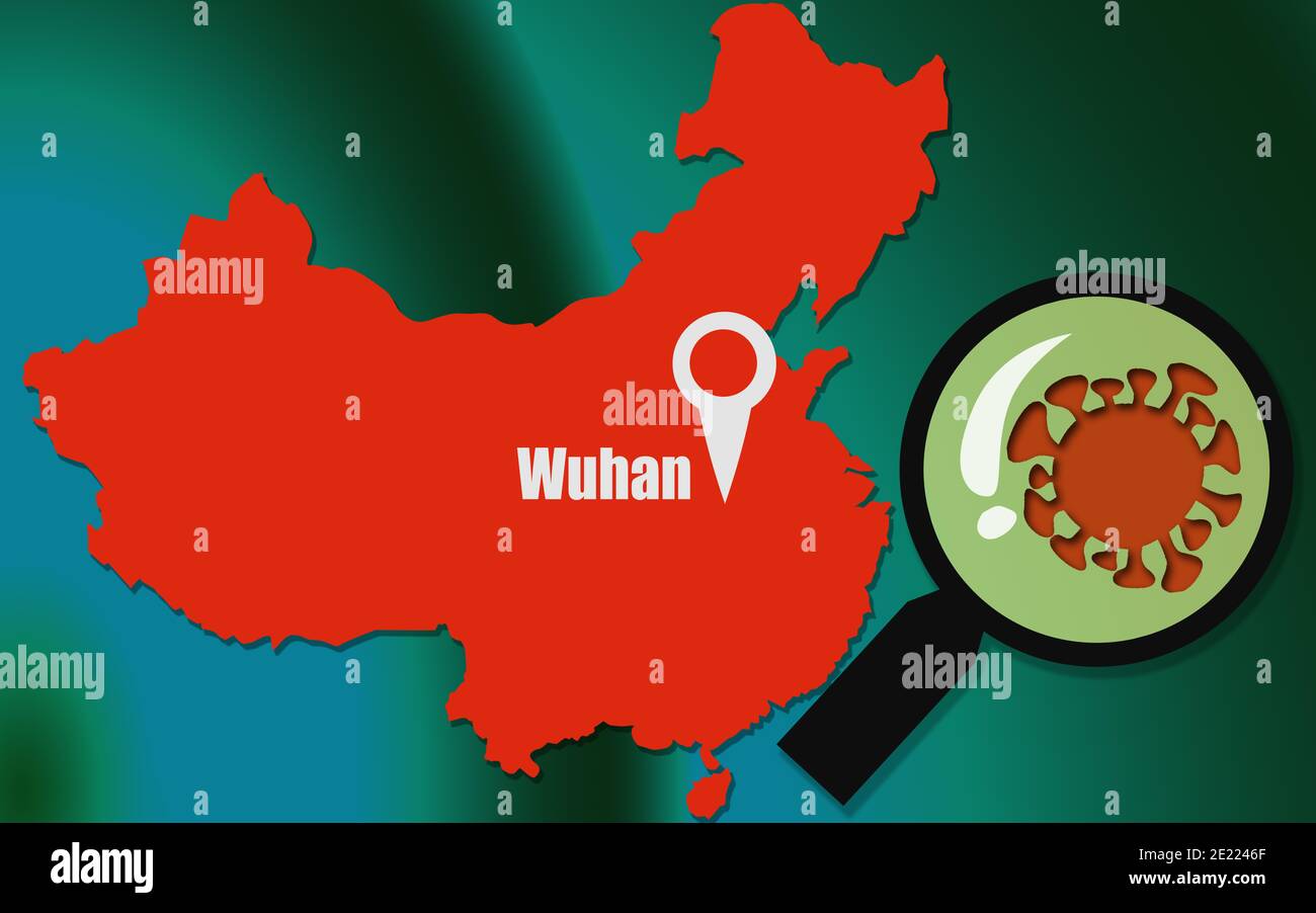 3D rendering of a red China map showing Wuhan city with a point Stock ...