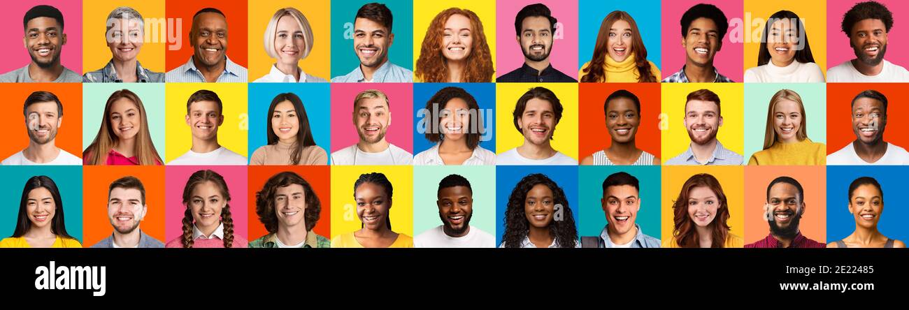 Set Of People Headshots Over Bright Colorful Backgrounds, Collage ...
