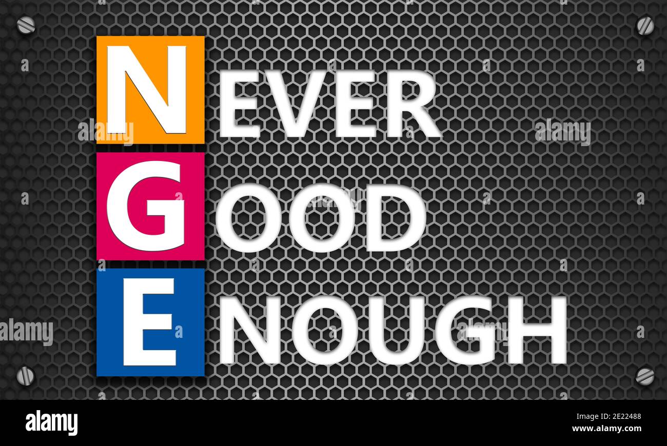3D rendering of a never good enough concept on mesh hexagon background ...