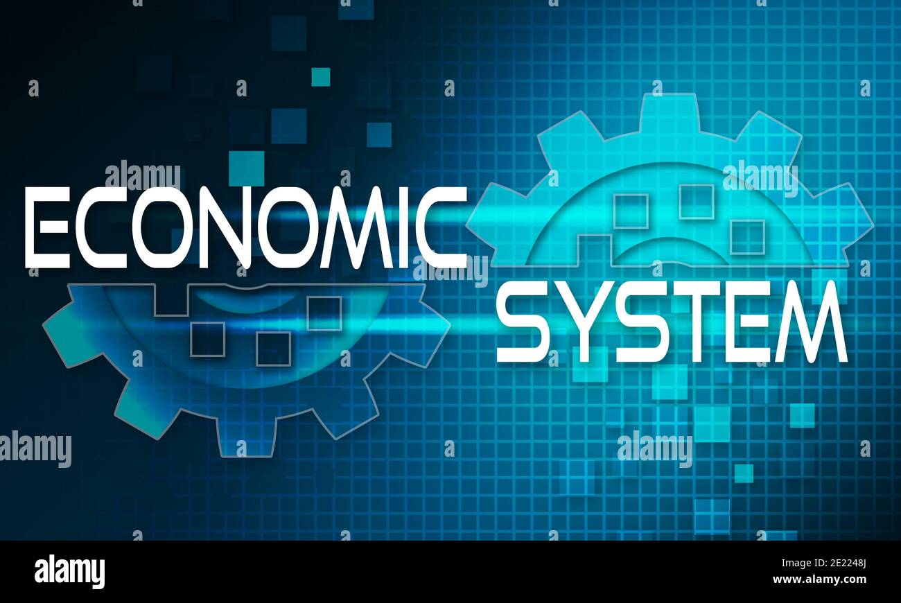 3D rendering of an economic system concept text on the mechanism of ...