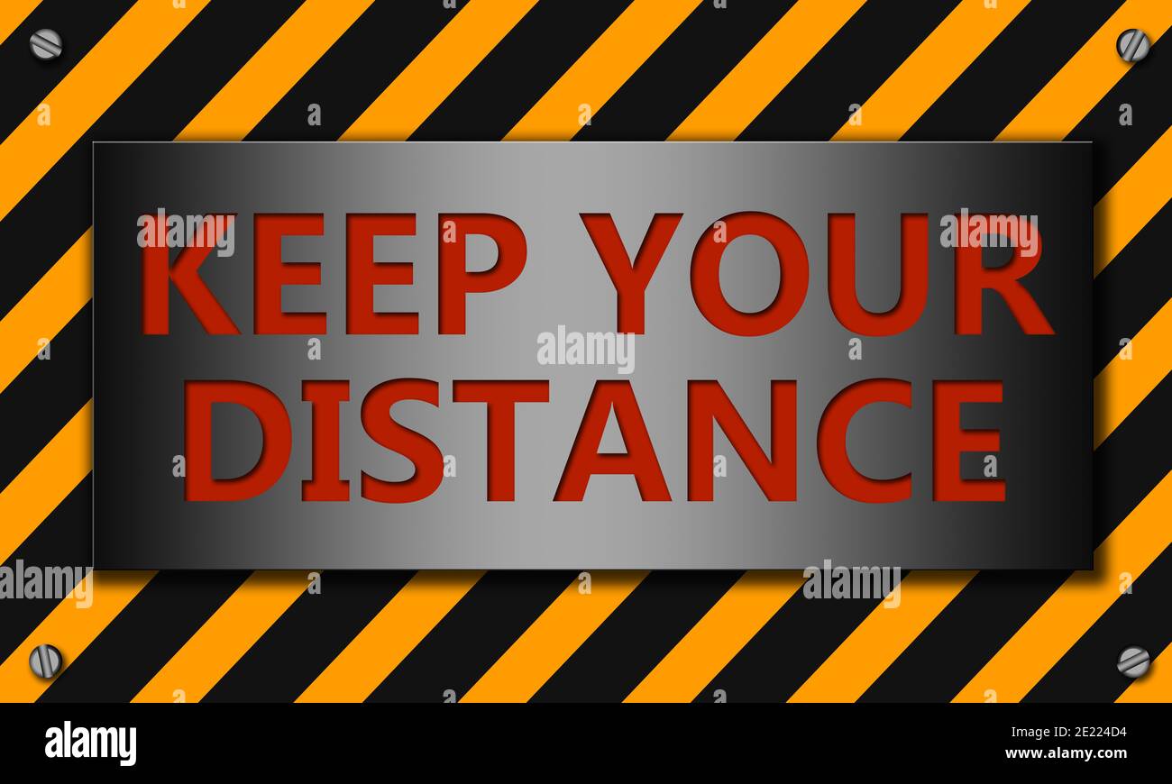 3D rendering of a yellow warning sign with a keep your distance text on ...