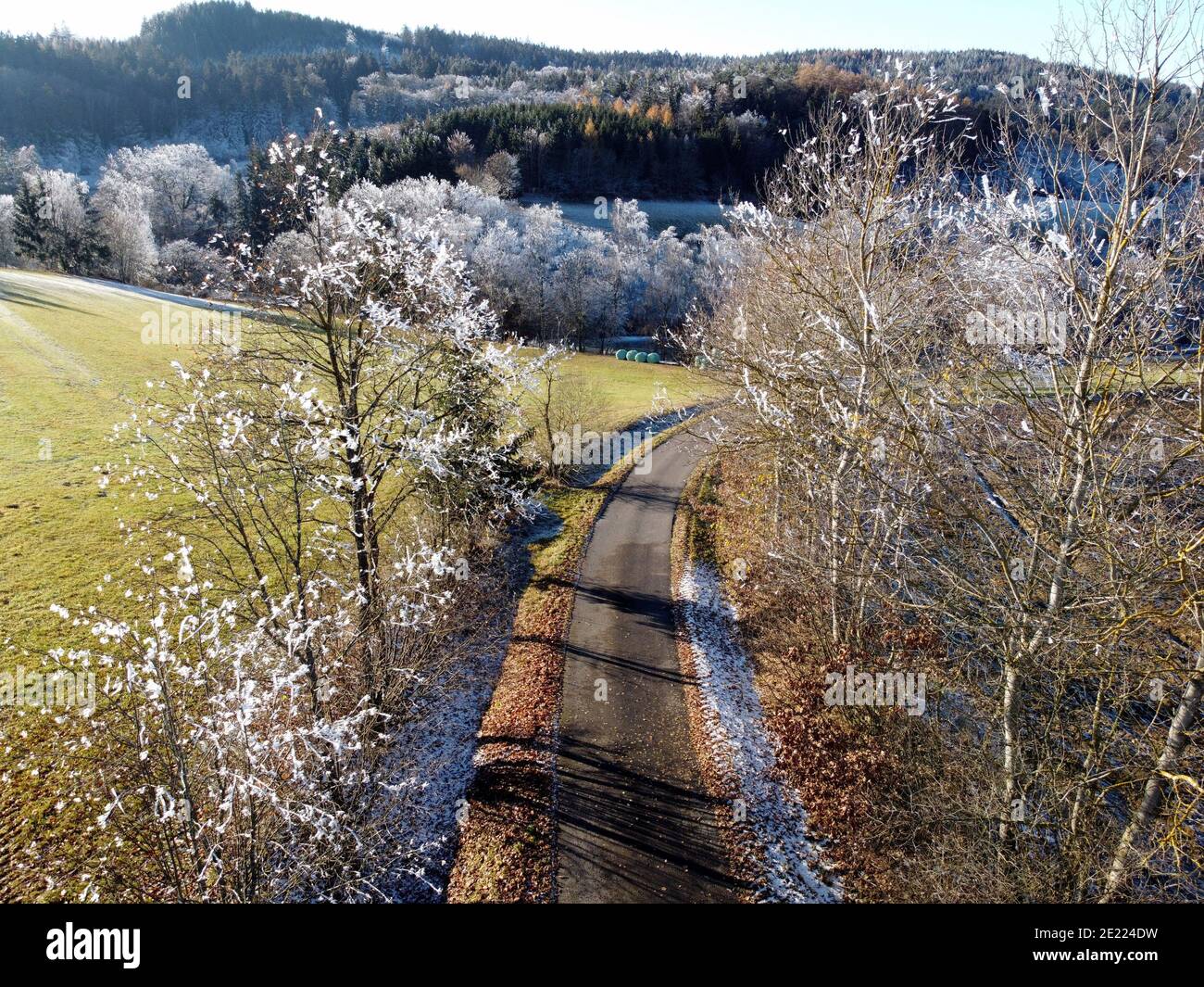 Aerial photos of a field in winter landscape on a sunny cold day Stock ...