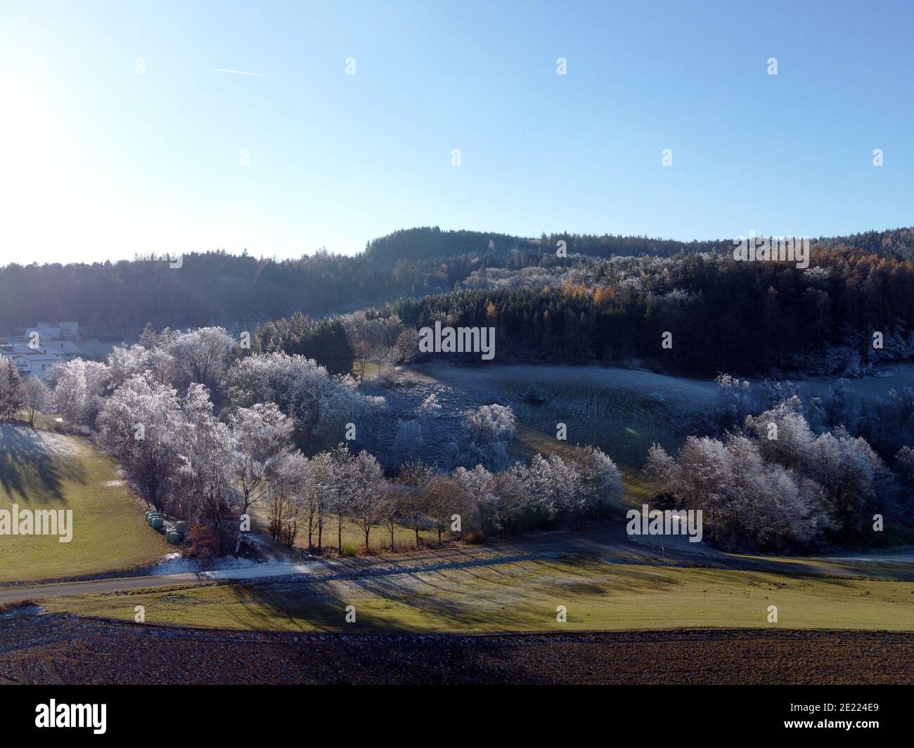 Aerial photos of a field in winter landscape on a sunny cold day Stock ...
