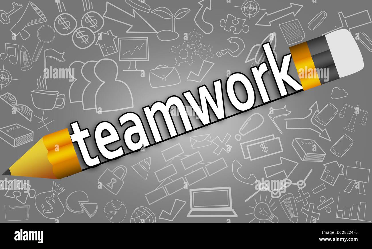 3D rendering of a pencil with teamwork concept on doodle background ...