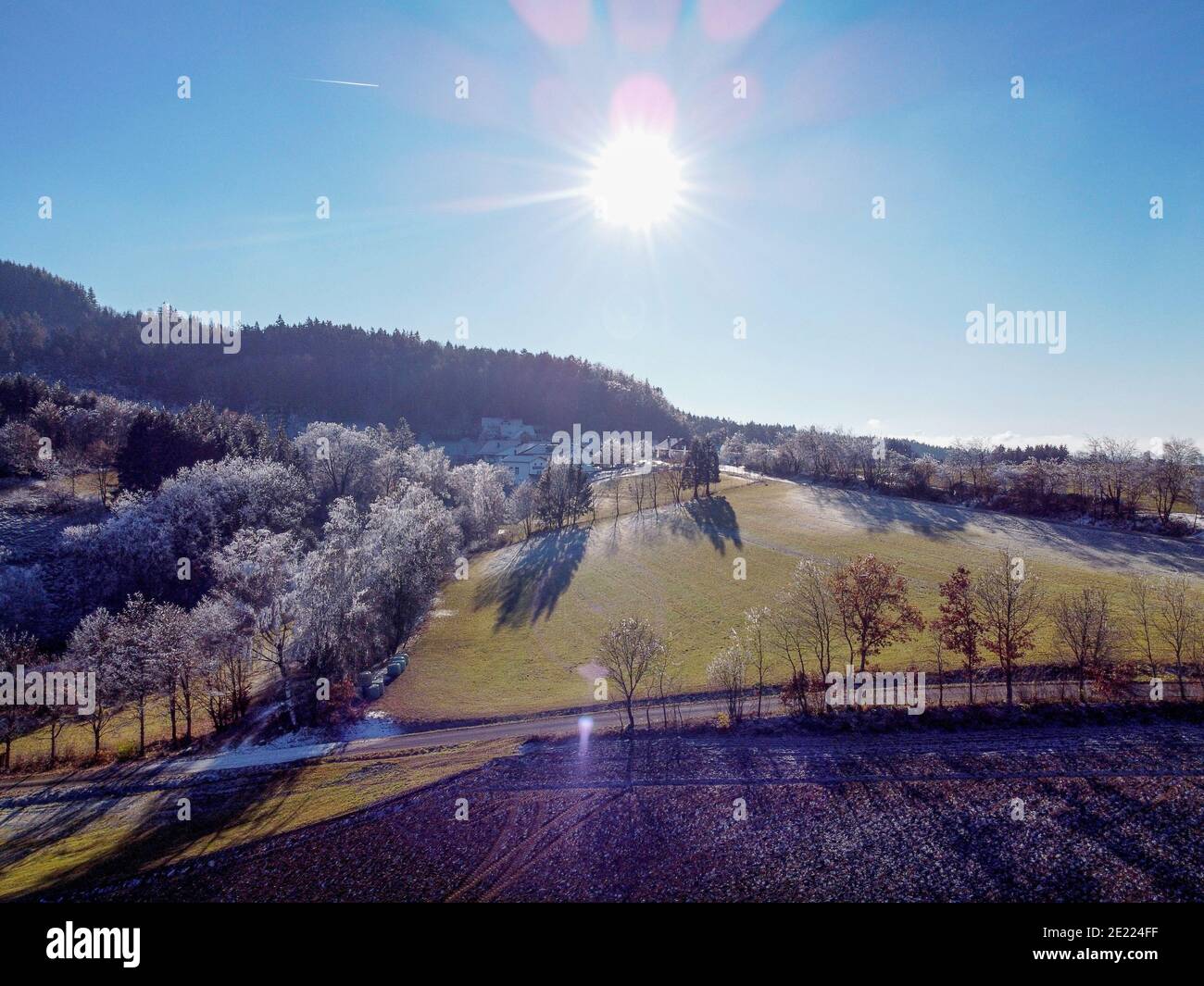 Aerial photos of a field in winter landscape on a sunny cold day Stock ...