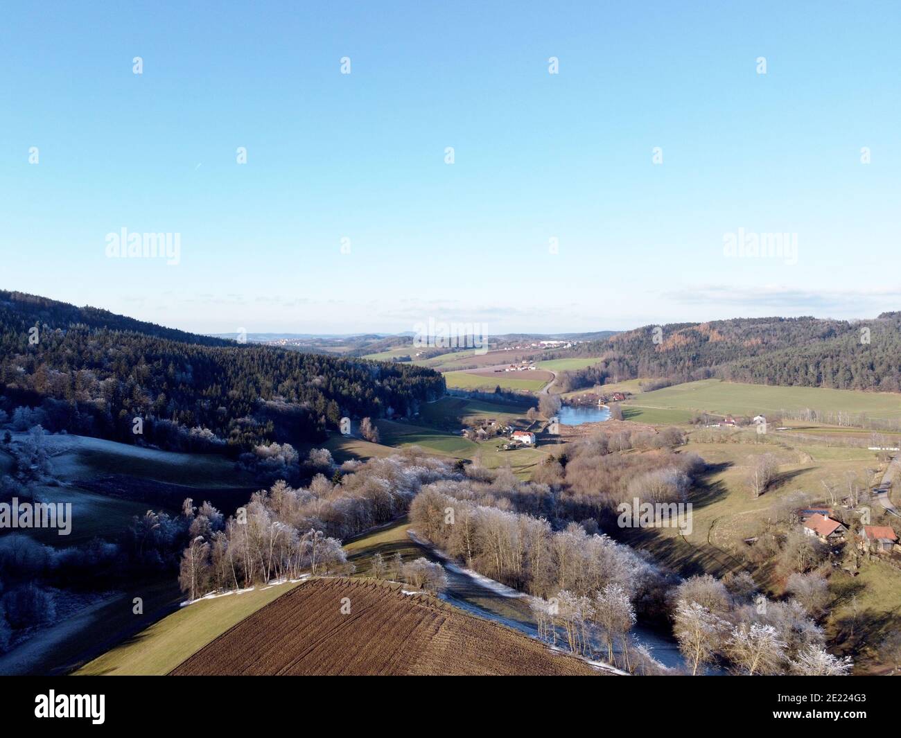 Aerial photos of a field in winter landscape on a sunny cold day Stock ...