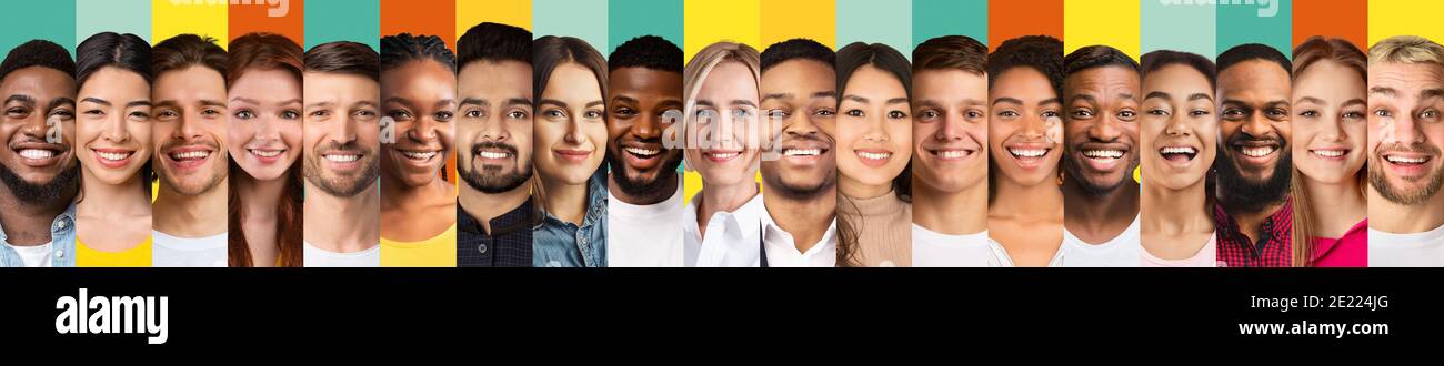 Row Of Multiple People Faces In Collage On Colorful Backgrounds Stock ...