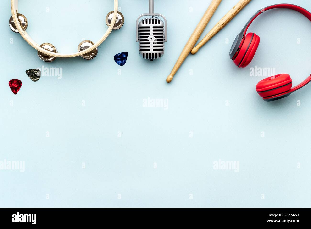 Top view of musical instrument with eadphones, flat design background ...