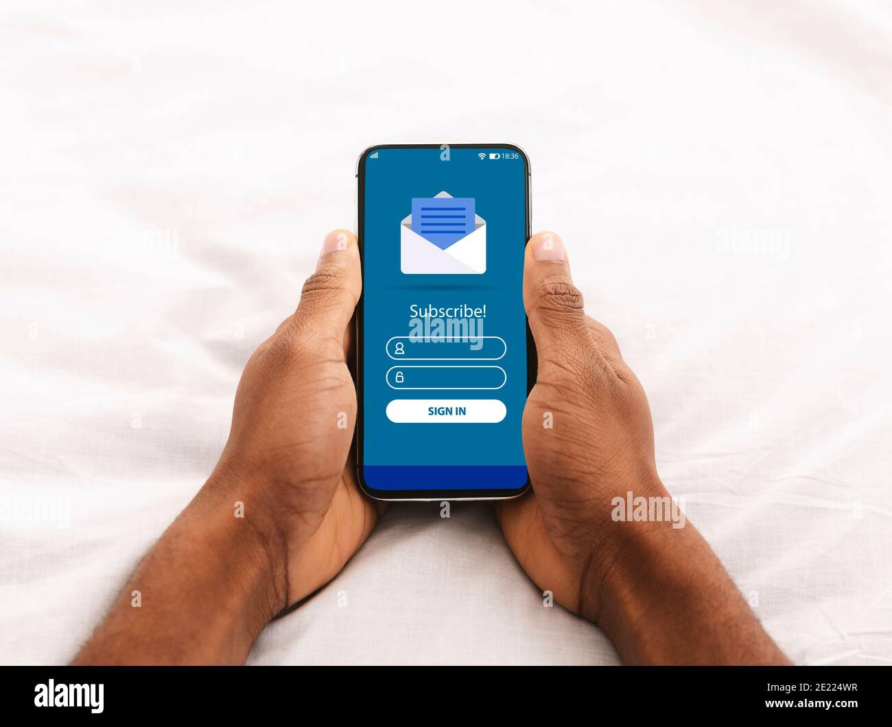 Digital Marketing. Black Man Holding Smartphone With Newsletter ...