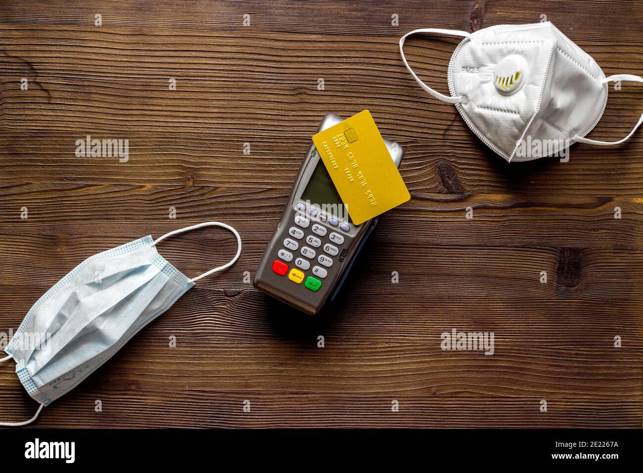 Contactless payment - terminal with medicine face masks, top view Stock ...