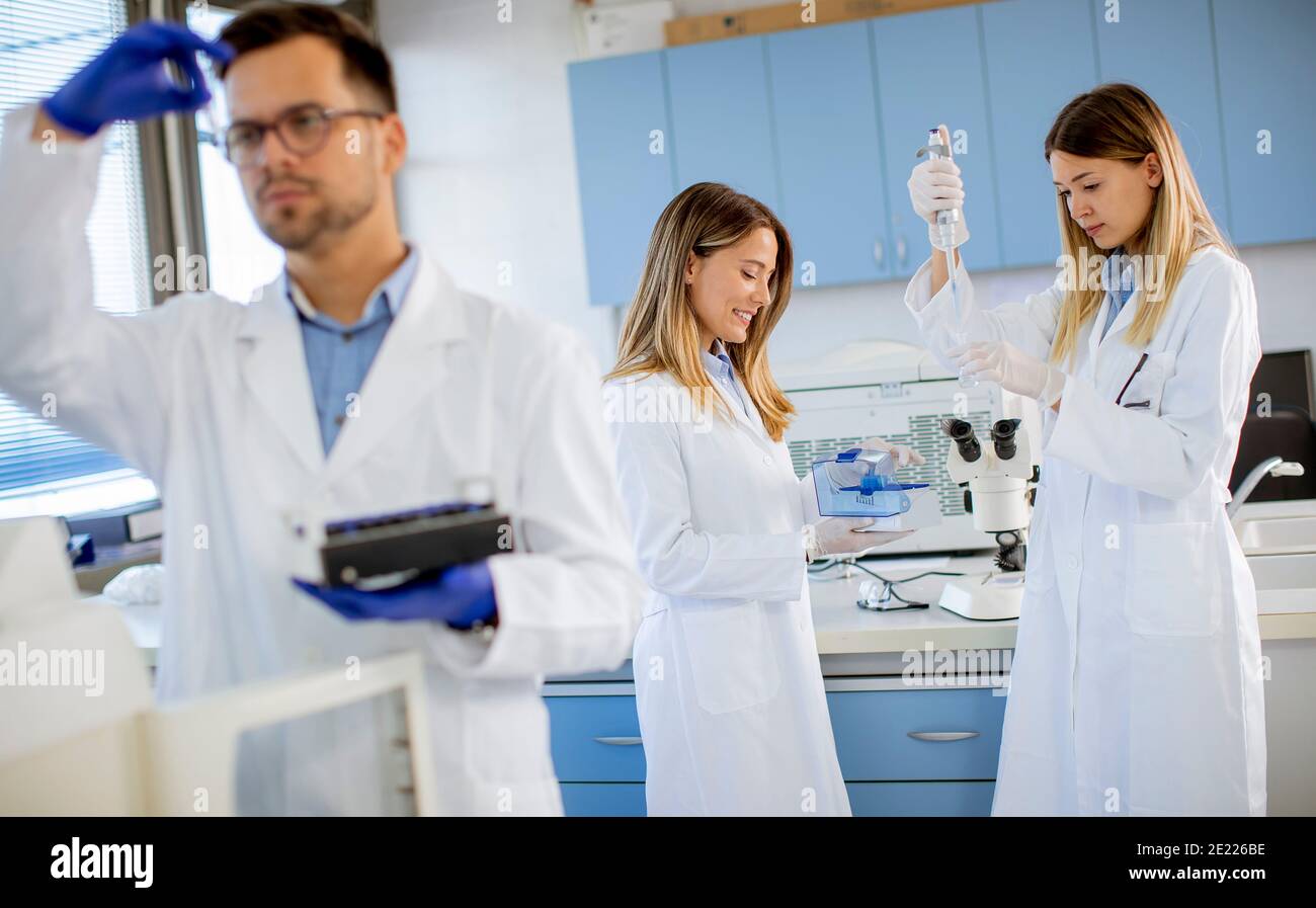 Cute female researchers in white lab coat working in the laboratory ...