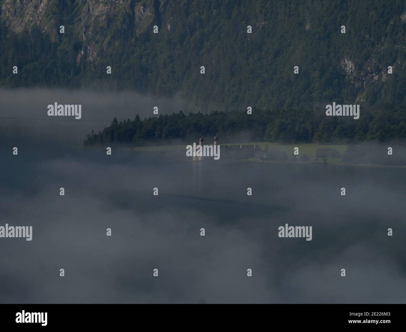 Panorama view of alpine mountain lake Konigssee Koenigssee King Schonau ...