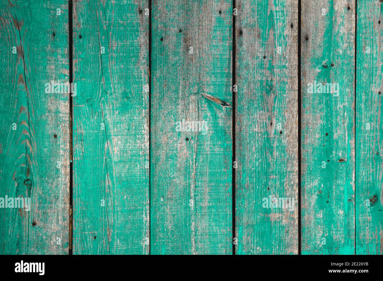 Old distressed rustic wooden planks wall with worn green paint, grunge ...