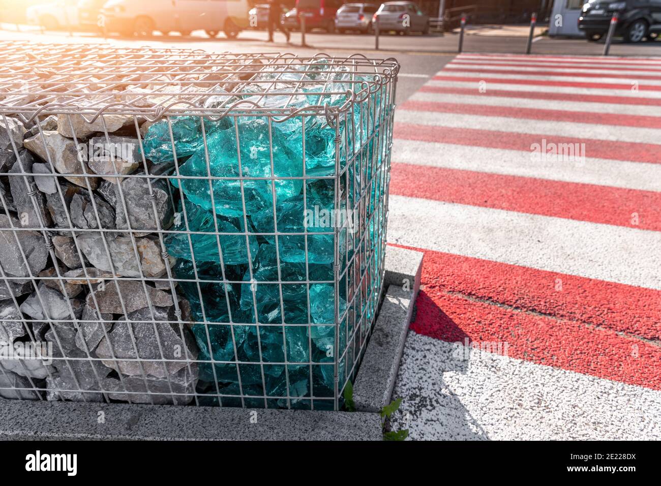 Close-up detail of new modern beautiful gabion fence with metal cage ...