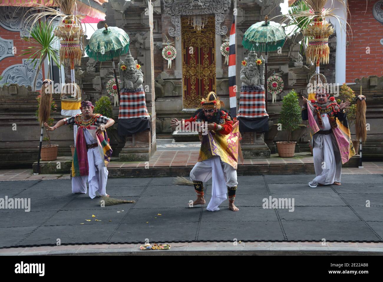 Balinese locals performing Barong, a mythical lion-like creature at a ...