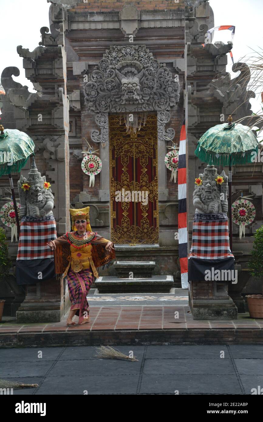 Balinese locals performing Barong, a mythical lion-like creature at a ...