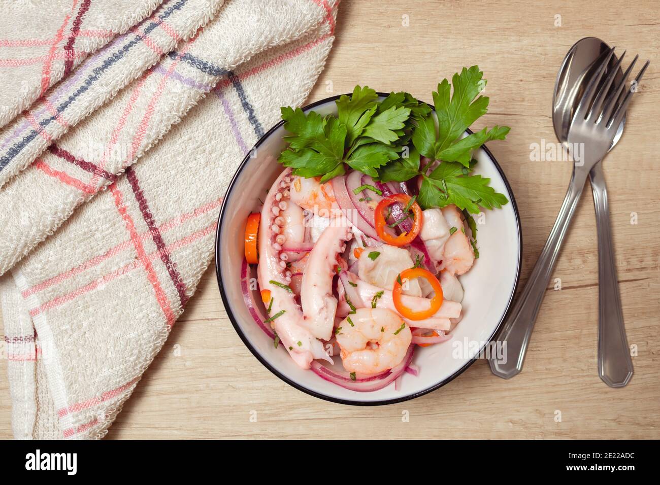 Typical Peruvian food. Served in a white bowl. Top view Stock Photo - Alamy