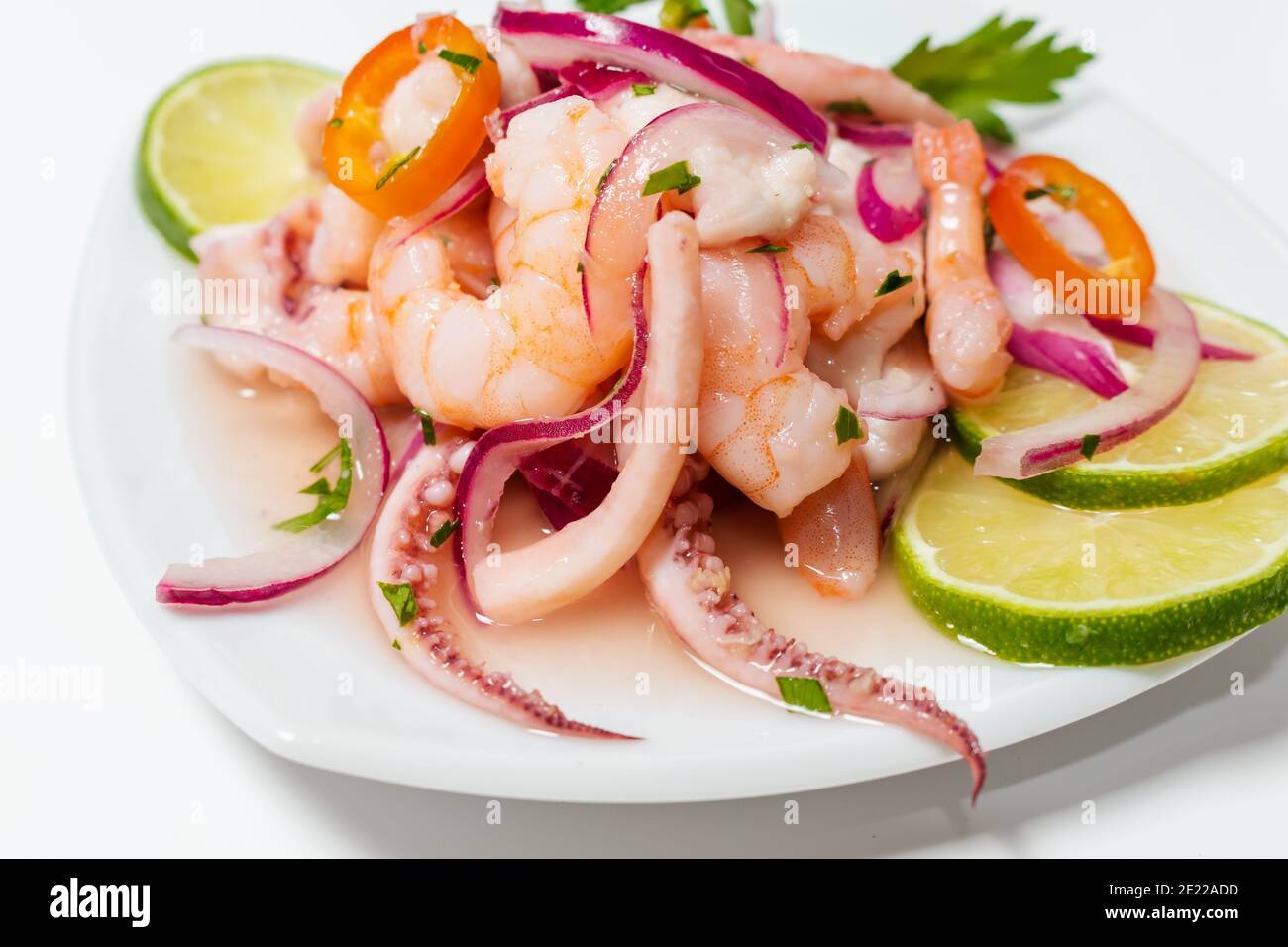 Typical Peruvian food, squid ceviche, shrimp and white fish with purple ...