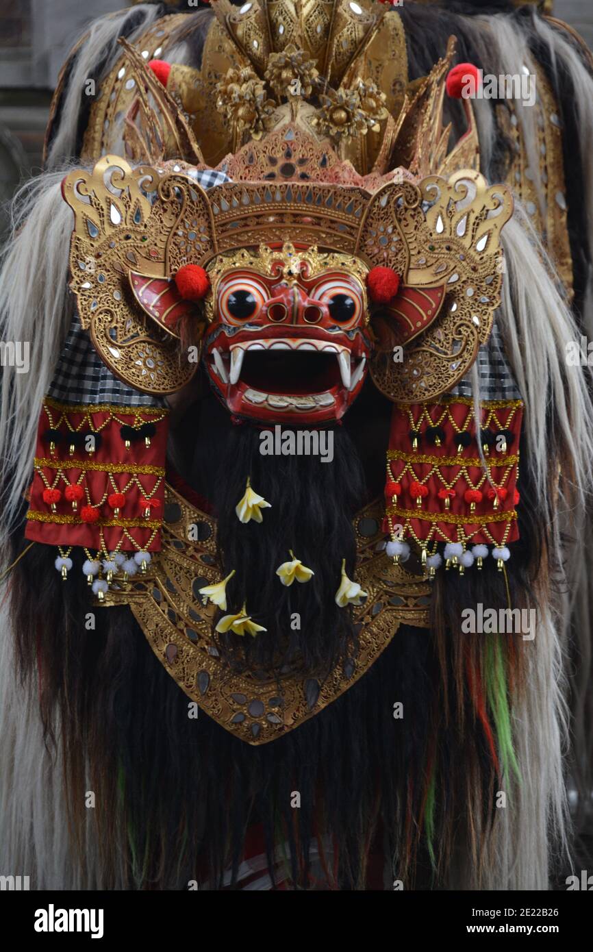 Balinese locals performing Barong, a mythical lion-like creature at a ...