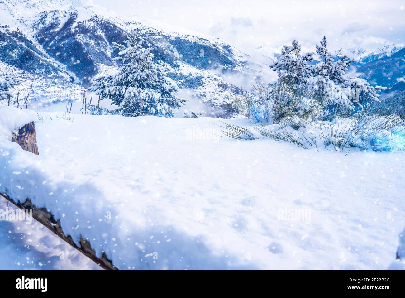 Fantastic snow road landscape in winter at french Alps. Asphalt road ...