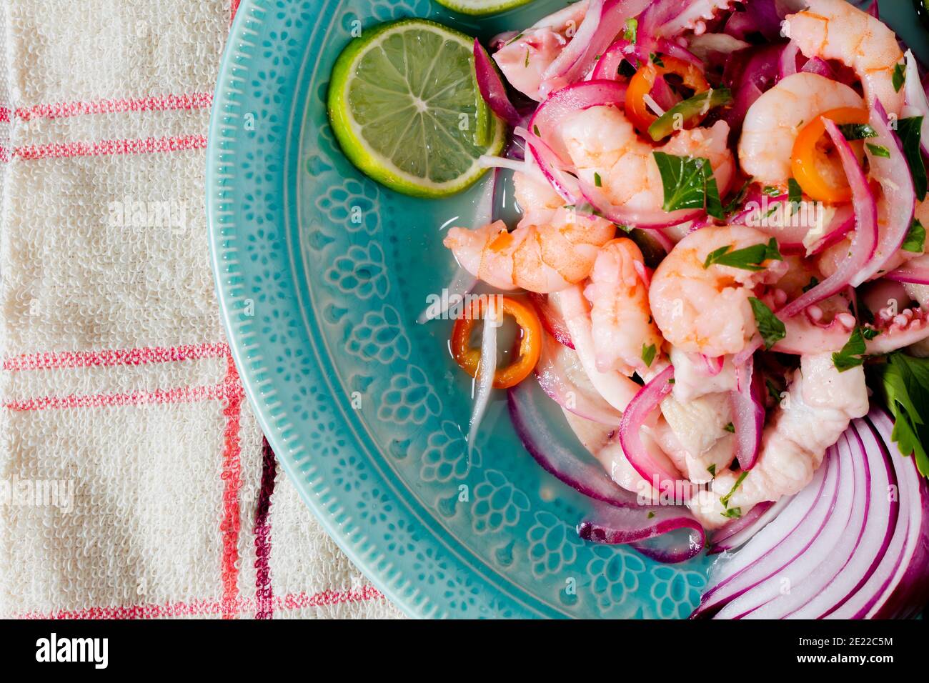 Typical Peruvian food, ceviche. Rustic presentation on a colored plate ...
