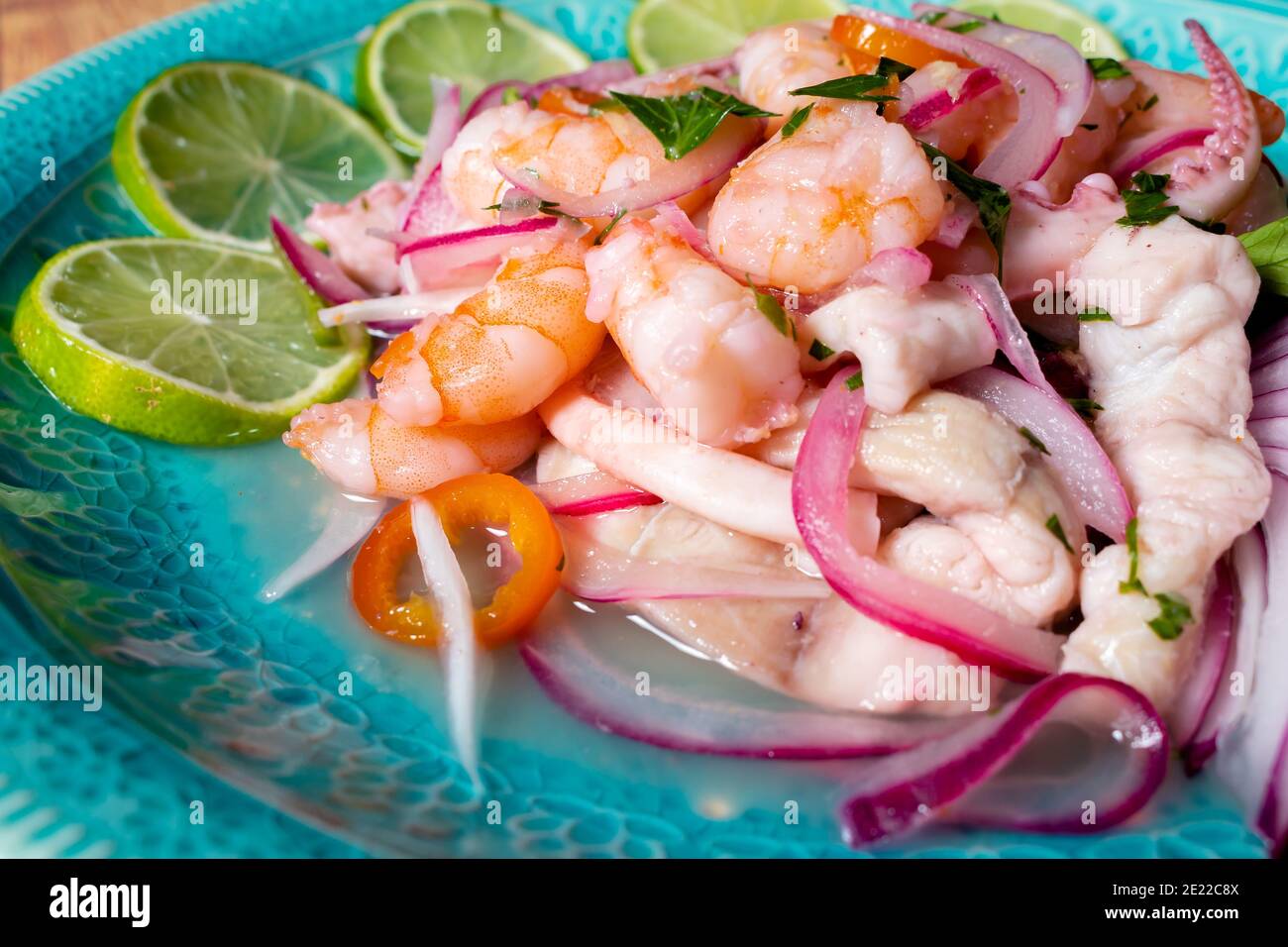 Typical Peruvian food, ceviche. Rustic presentation on a colored plate ...