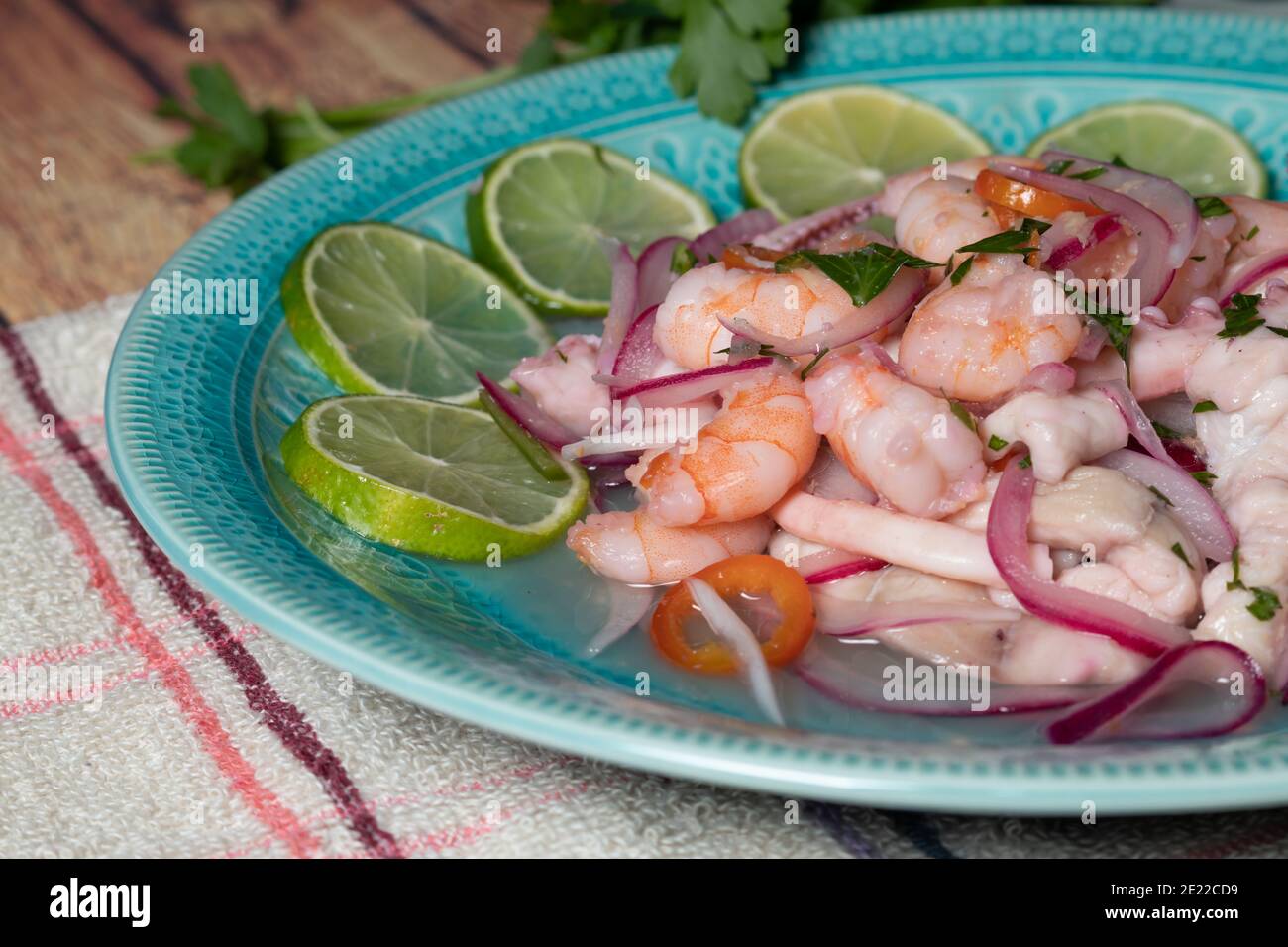 Typical Peruvian food, ceviche. Rustic presentation on a colored plate ...