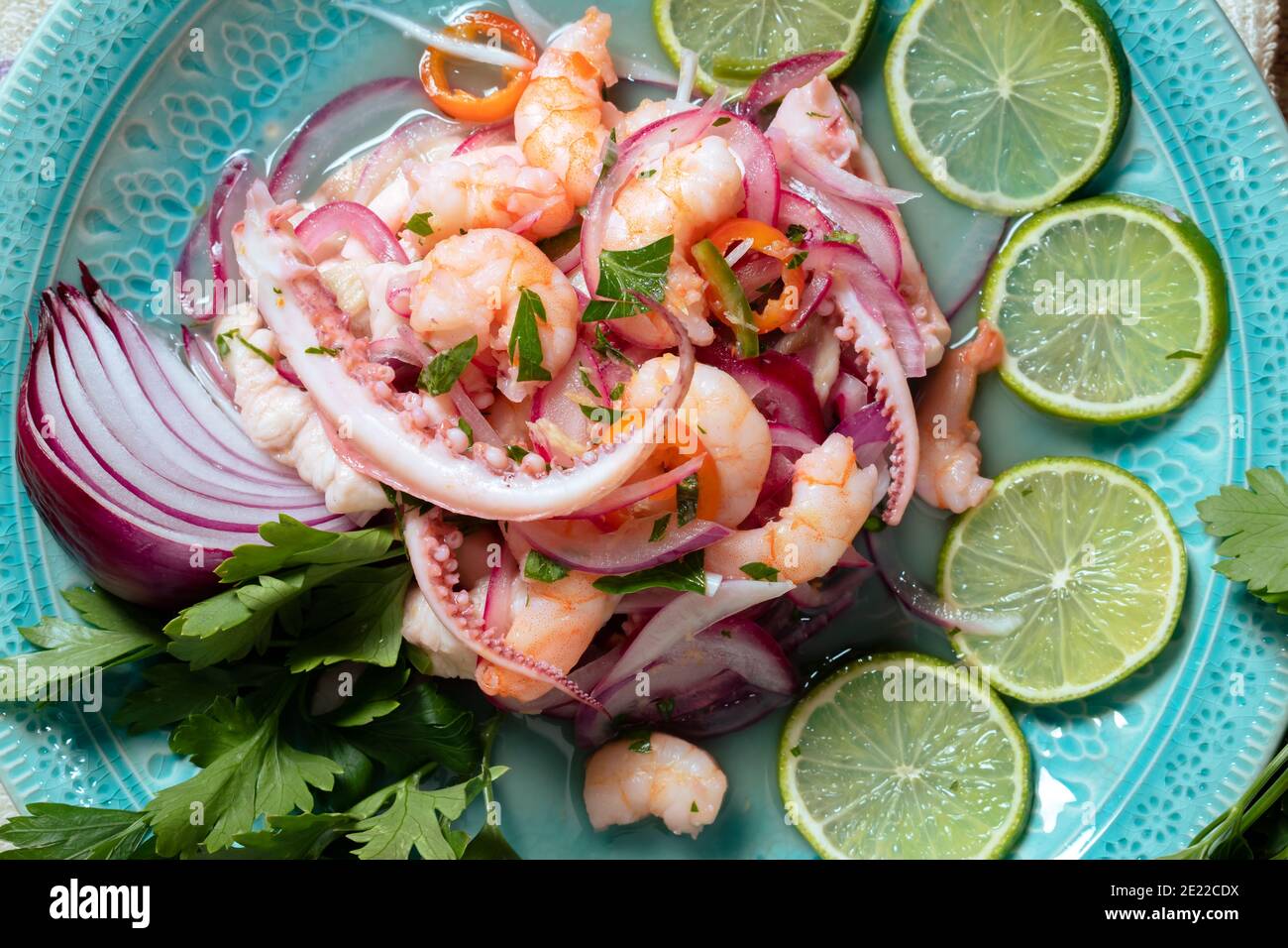 Typical Peruvian food, ceviche. Rustic presentation on a colored plate ...