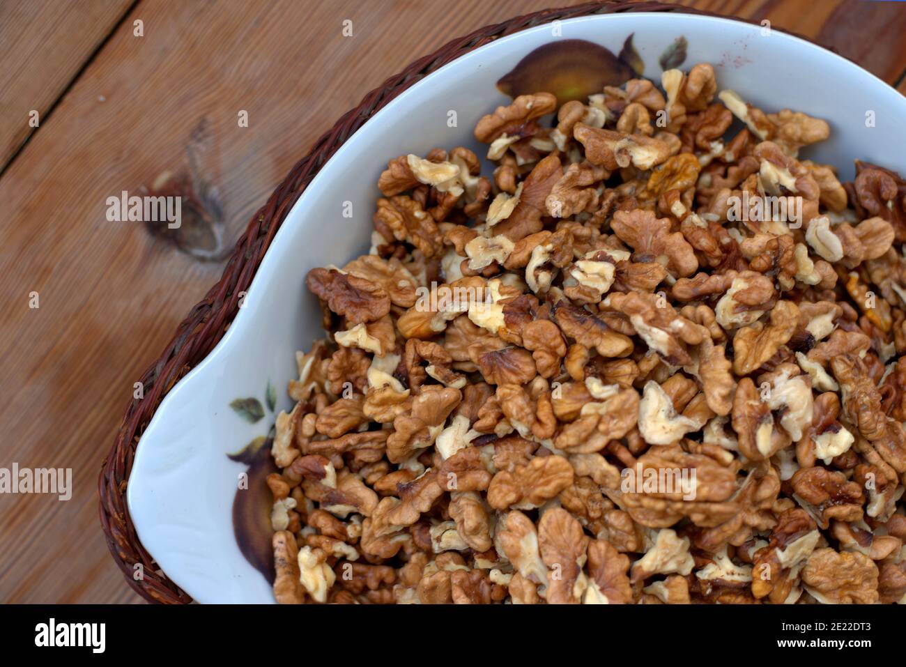Top view of delicious walnuts in a basket on a wooden table Stock Photo ...