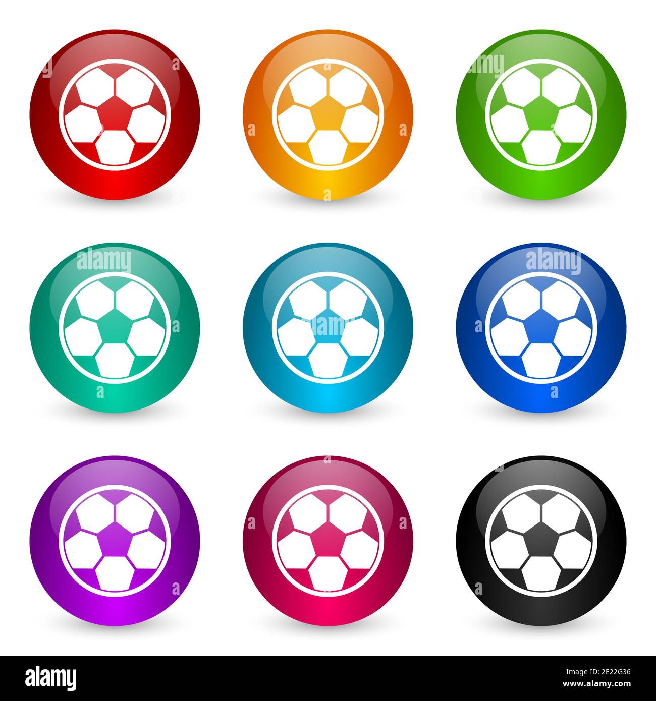 Soccer icon set, colorful glossy 3d rendering ball buttons in 9 color ...