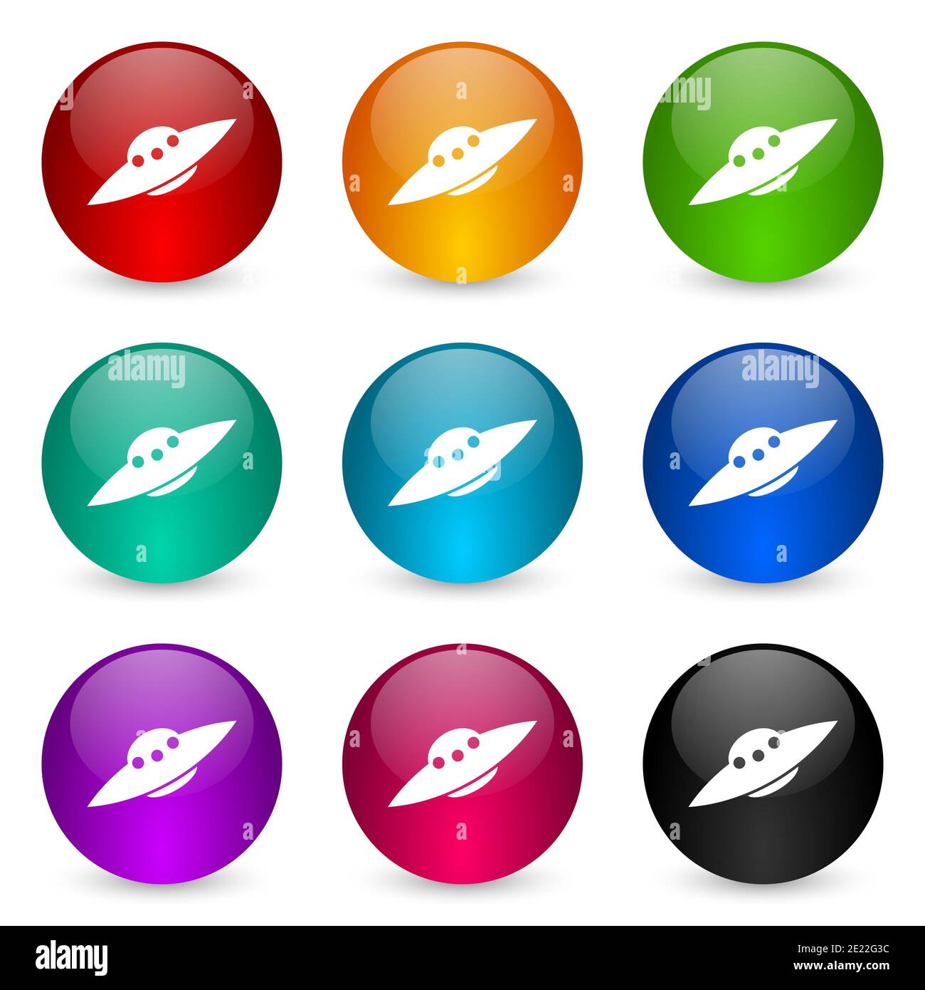 Ufo, alien spaceship icon set, colorful glossy 3d rendering ball ...