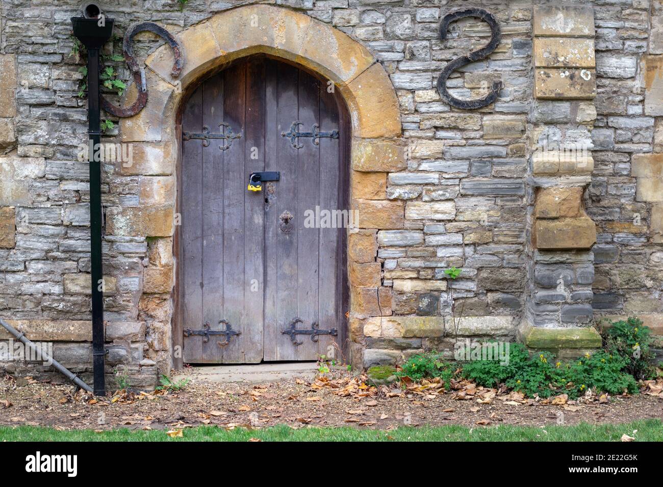 Old Stone Wall With An Arched Wooden Door Texture Stock Free Antique