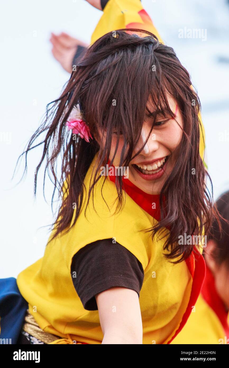 Hinokuni Yosakoi dance festival with close up of face of pretty ...