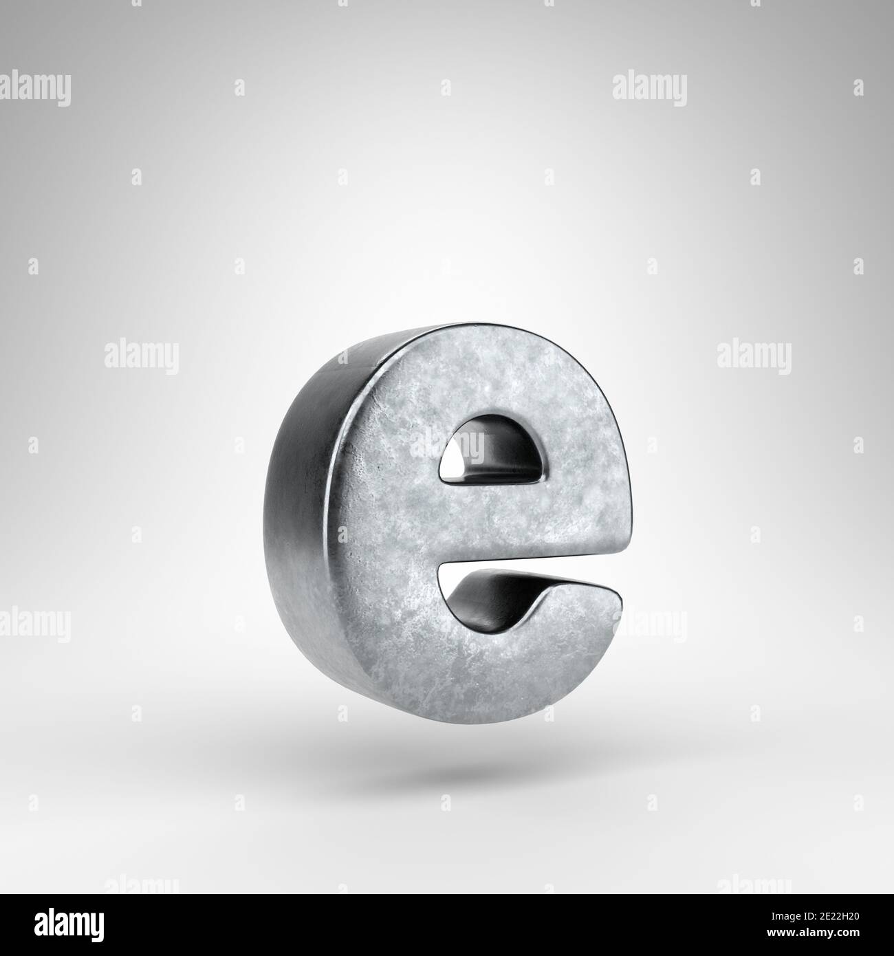 Letter E lowercase on white background. Gun metal 3D rendered font with ...
