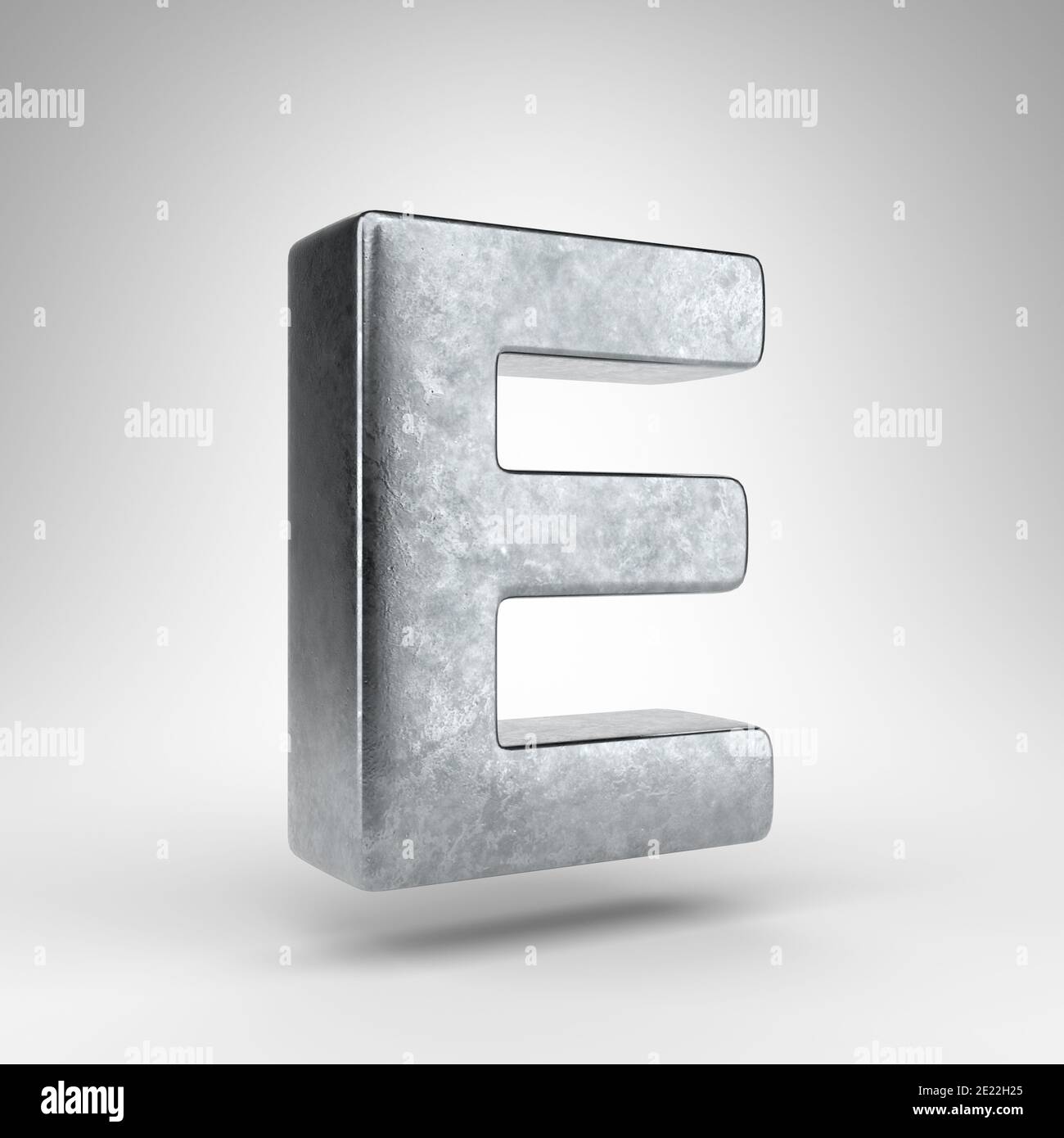 Letter E uppercase on white background. Gun metal 3D rendered font with ...