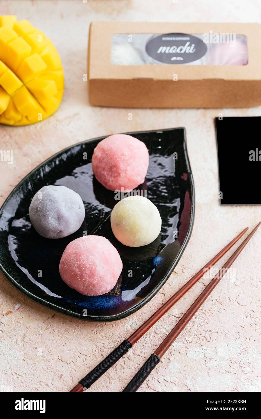 Japanese ice cream Mochi in rice dough. Traditional Japanese dessert ...