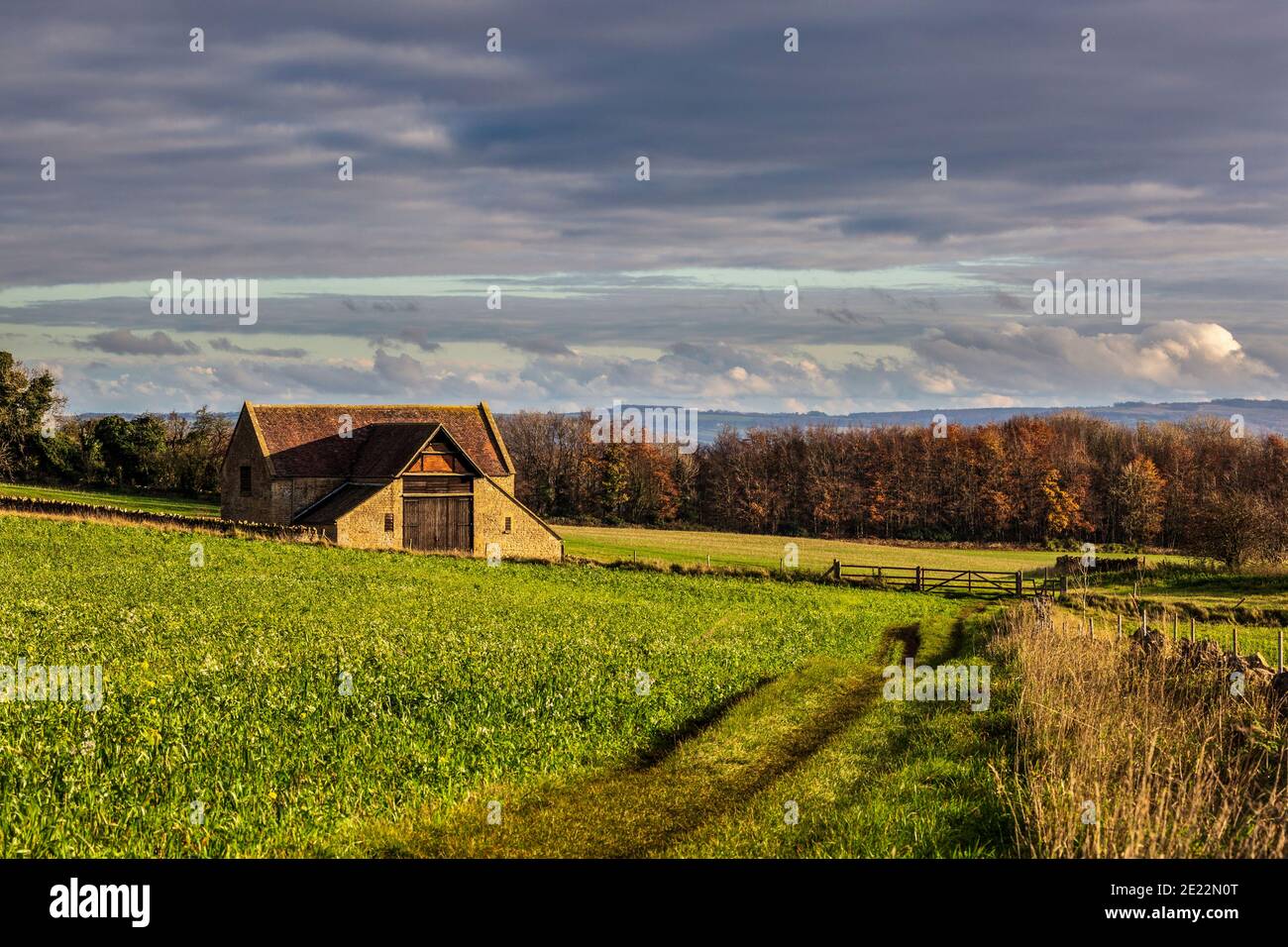 An autumn view of Sundial barn on Bredon hill in the Cotswolds AONB ...
