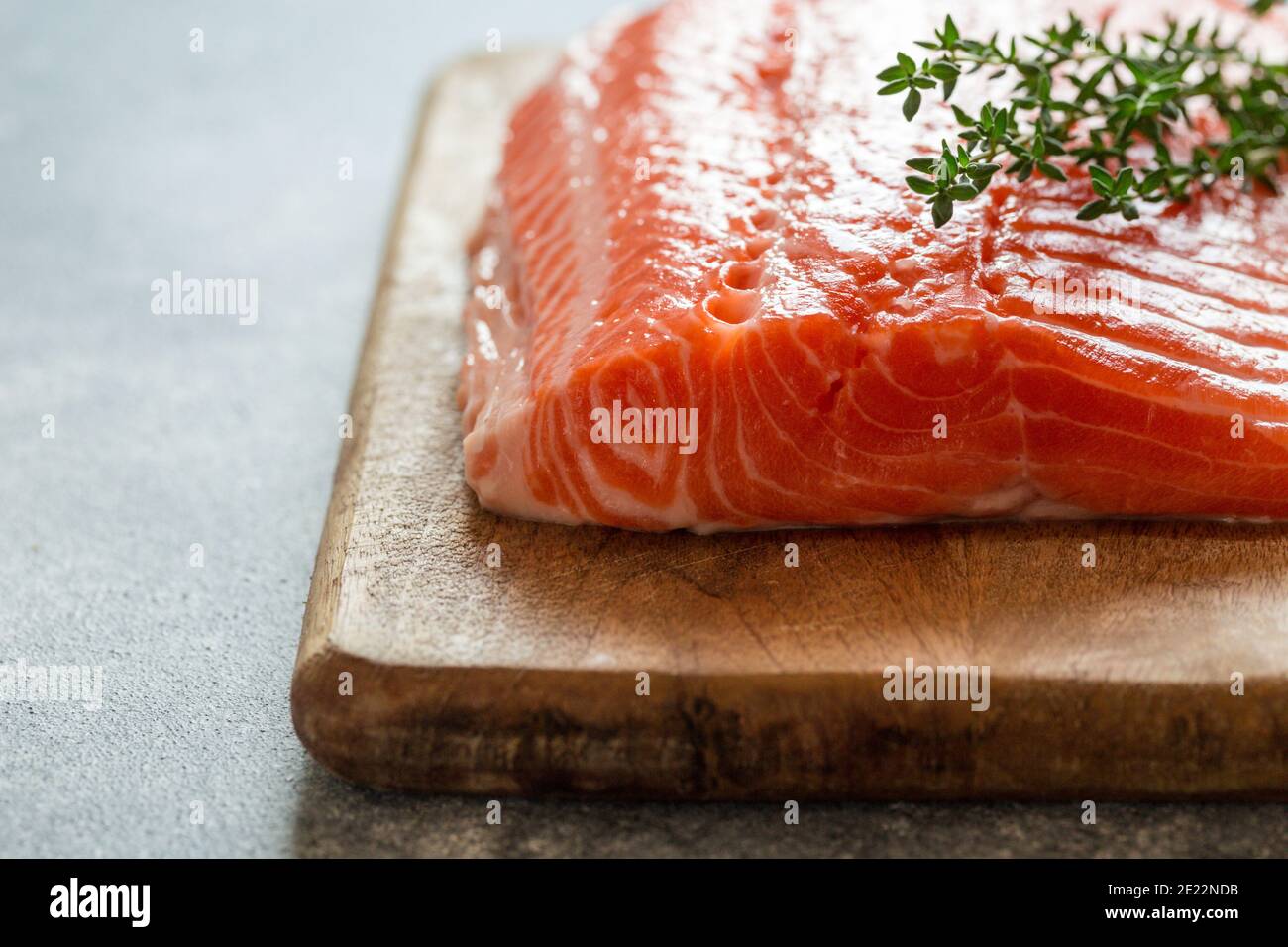 Salmon. Fresh raw salmon fish fillet with cooking ingredients, herbs ...