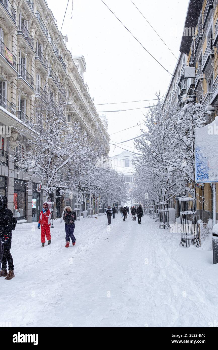 Spain, Madrid; 9 January 2021: Snow storm "Filomena" in the Madrid down ...