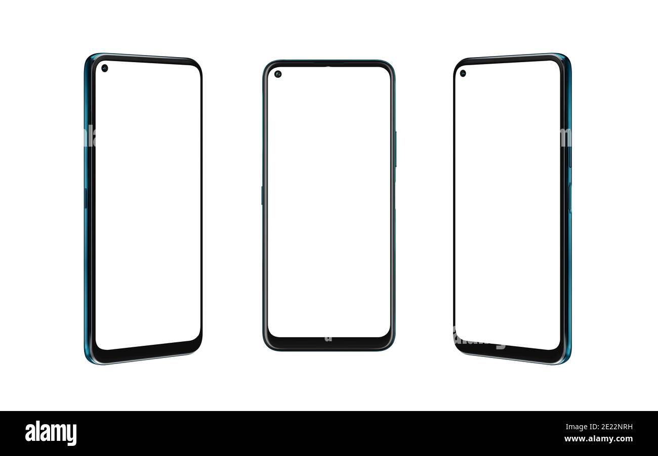 Smart phone isolated in three positions. Front, left and right side ...