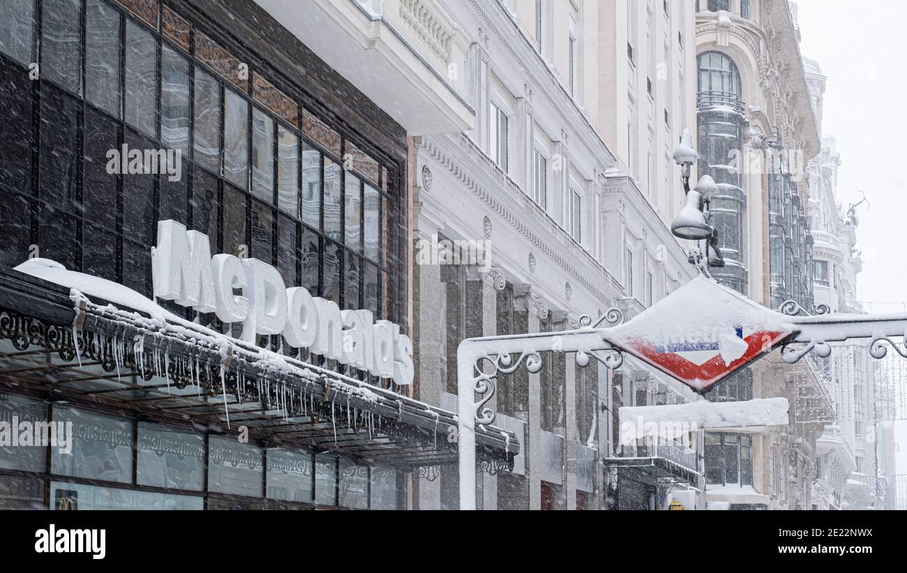Spain, Madrid; 9 January 2021: Snowstorm "Filomena" in the Madrid down ...