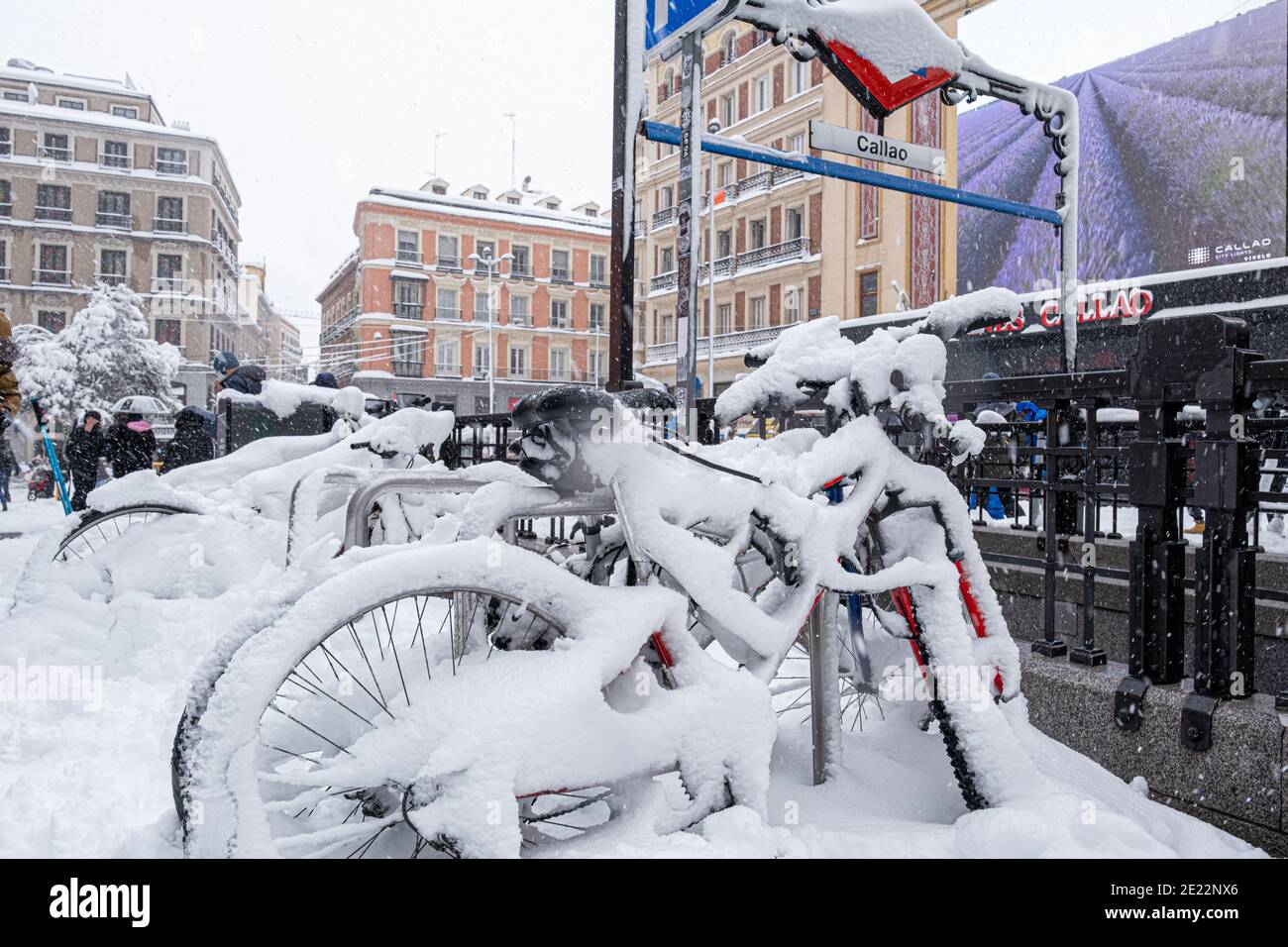 Spain, Madrid; 9 January 2021: Snow storm "Filomena" in the Madrid down ...