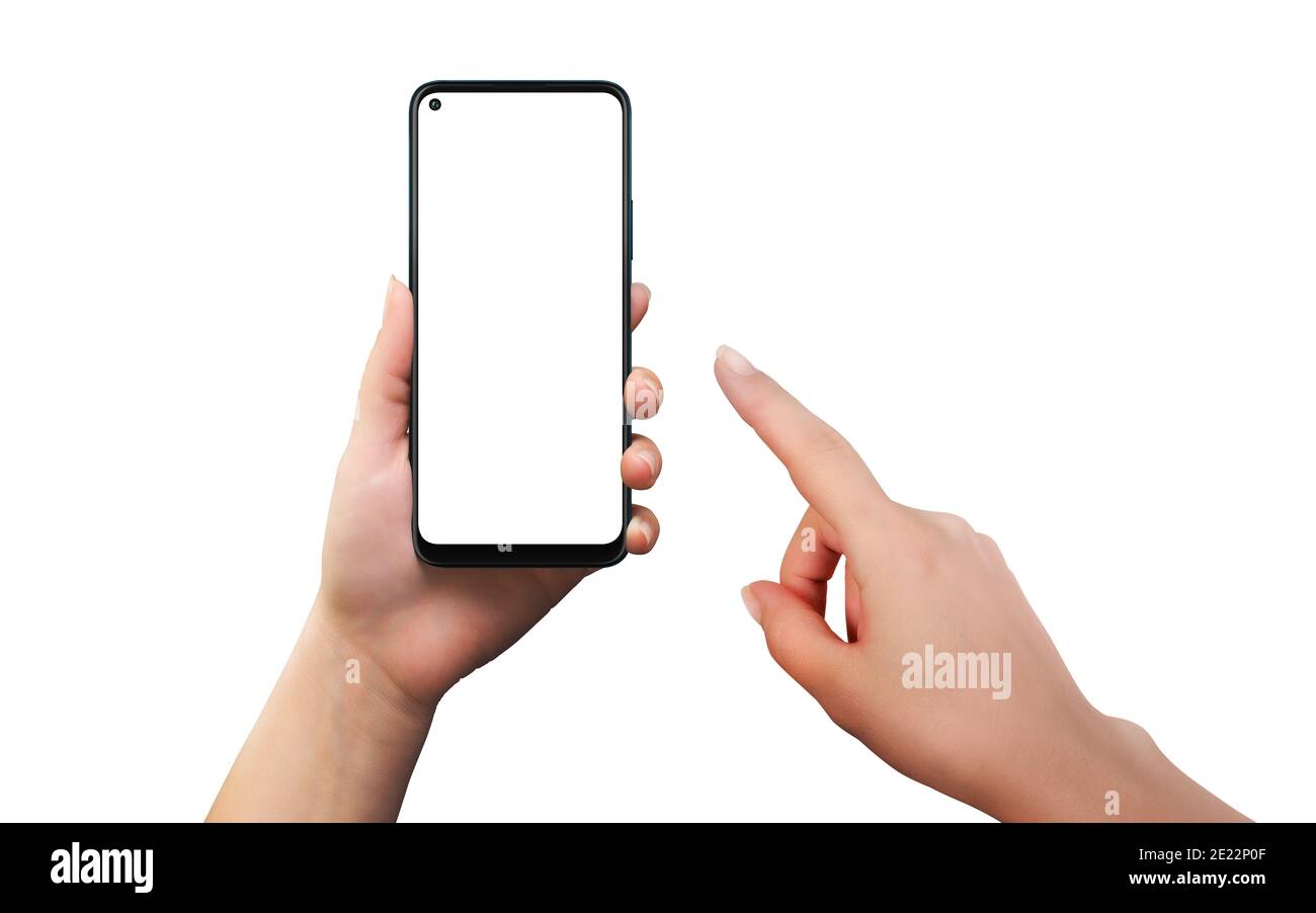 Isolated phone and woman holding and touch hand. Modern smart phone ...