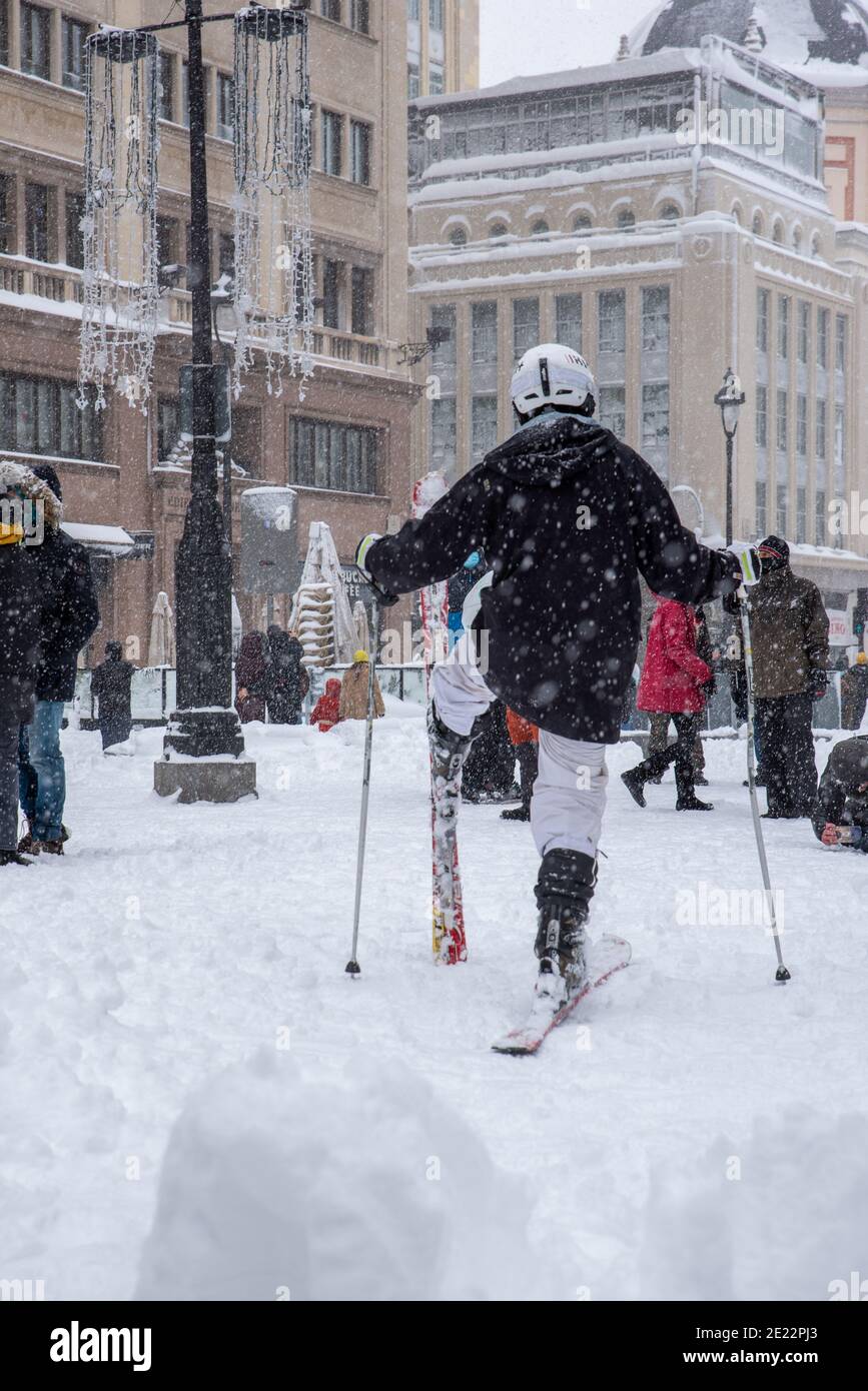 Spain, Madrid; 9 January 2021: Snow storm "Filomena" in the Madrid down ...