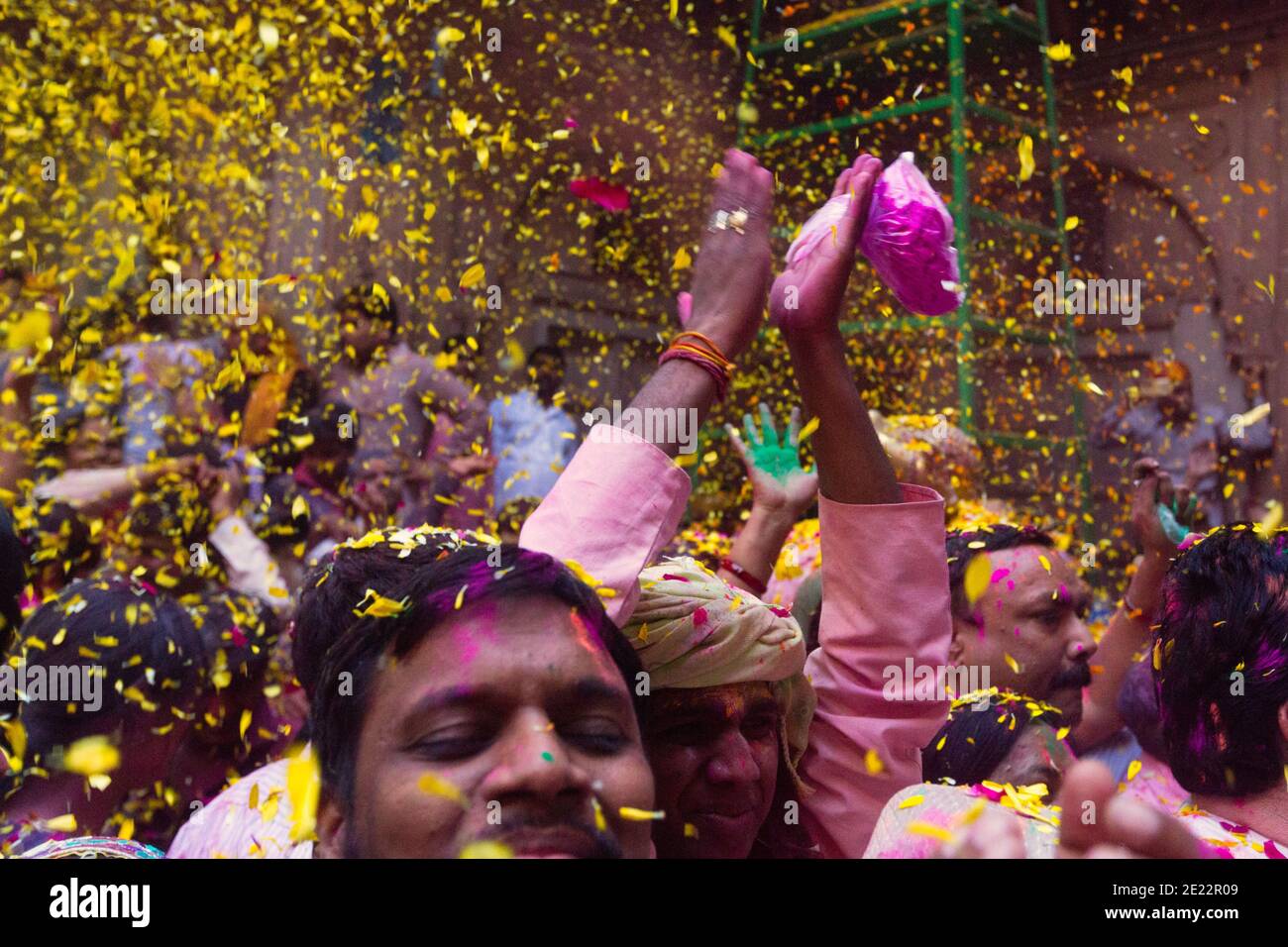 Devotees celebrate Phoolon Wali Holi, a holi with flower petals held at ...