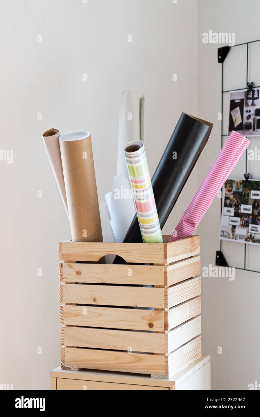 Wooden box container on desk, natural decor concept Stock Photo - Alamy