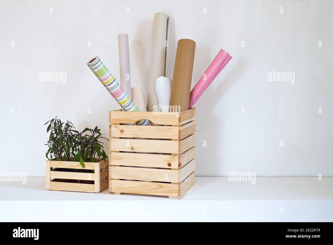 Wooden box container on desk, natural decor concept Stock Photo - Alamy