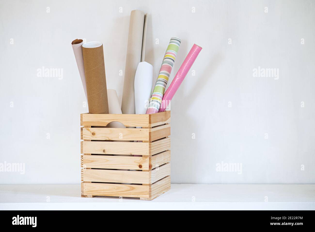 Wooden box container on desk, natural decor concept Stock Photo - Alamy